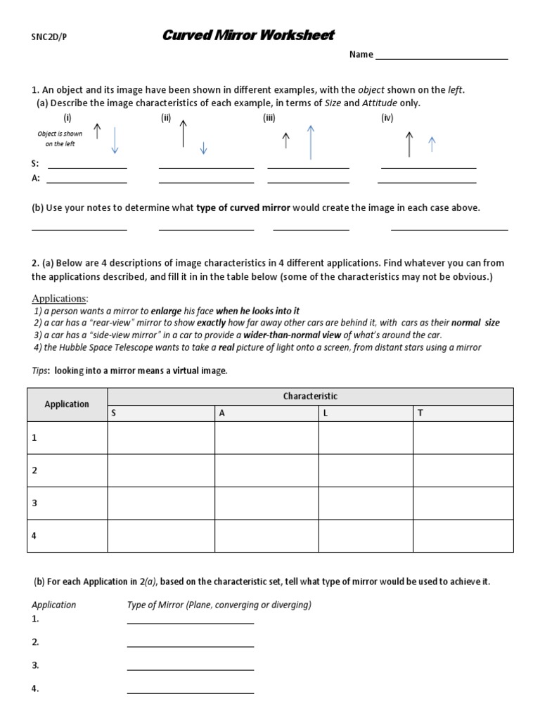 Curved Mirror Image Characteristics Worksheet | PDF