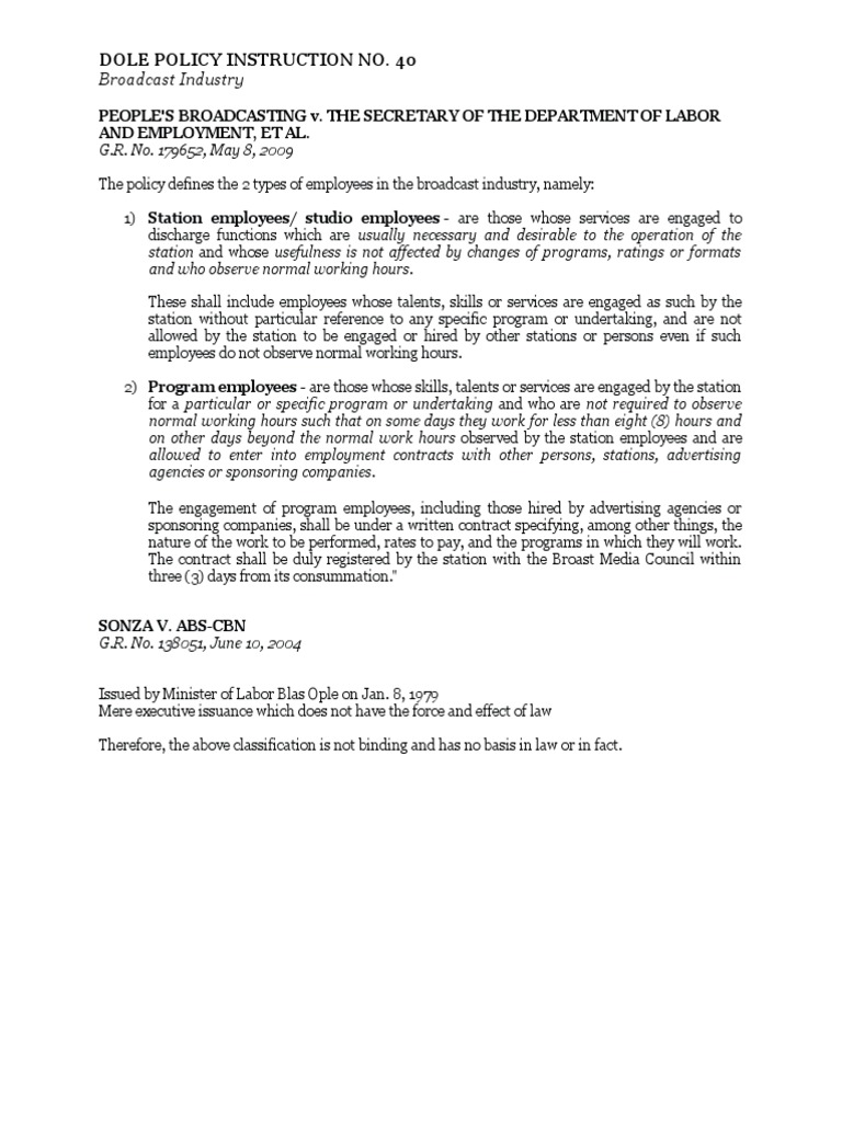 Broadcast Industry: Dole Policy Instruction No. 40 | PDF | Finance ...