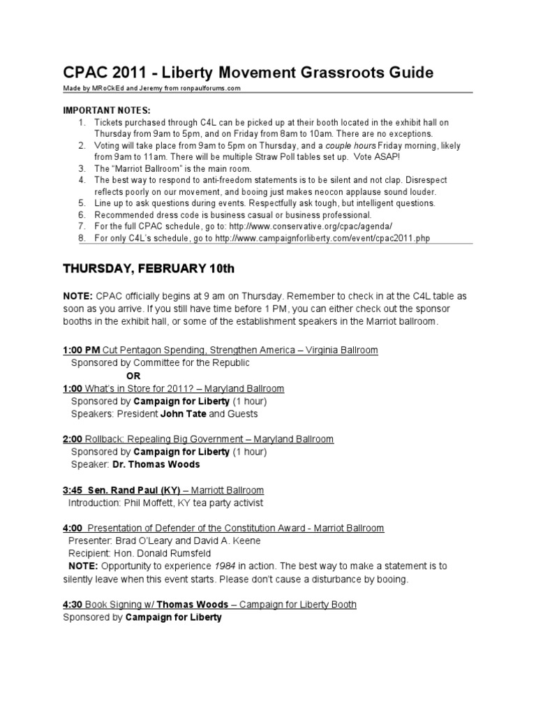 CPAC 2011 - Liberty Movement Grassroots Guide: Thursday, February 10Th ...