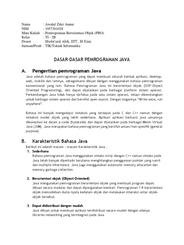 Resume Dasar-Dasar Java Oleh Awalul Zikri Annur | PDF