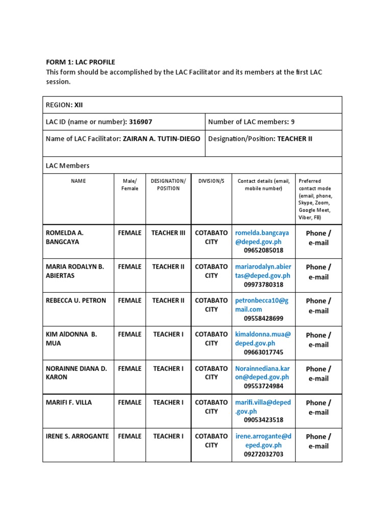 Form 1. LAC Profile Group 2 | PDF