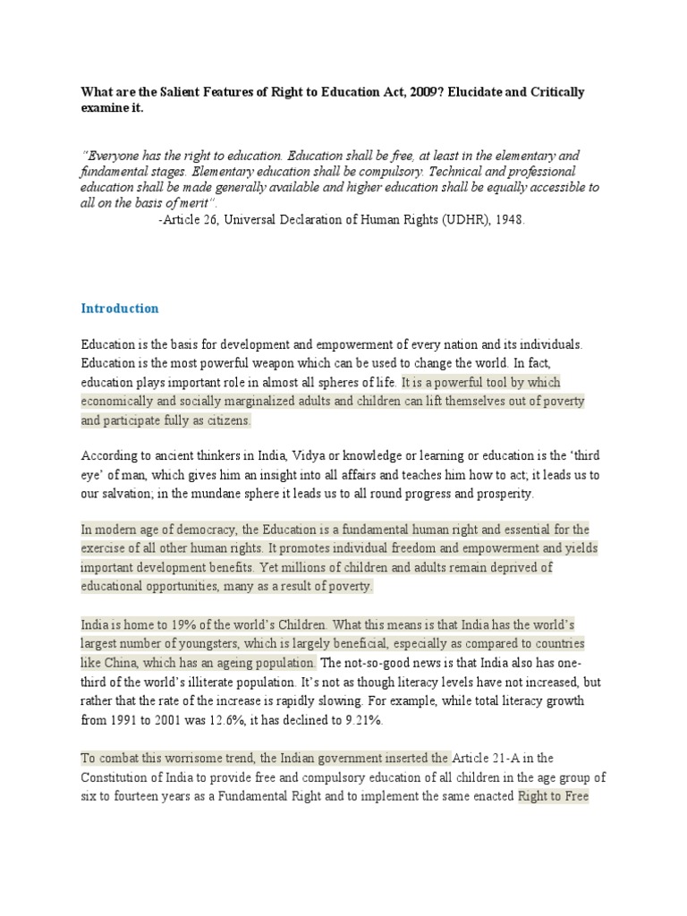 An Analysis of the Right to Education Act 2009: Key Features, Impact ...