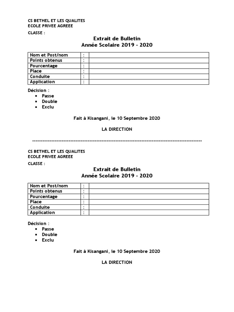 Modèle De Bulletin Scolaire Vierge Séparer Des Noms Facilement Sur