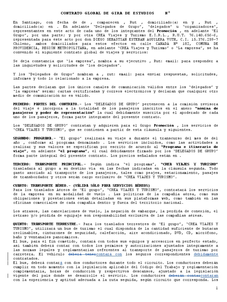 Contrato Global Giras de Estudio Crea Viajes y Turismo | PDF | Cheque ...