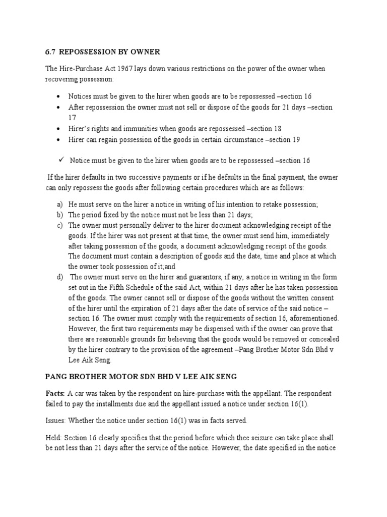 6.7 Repossession by Owner | PDF | Breach Of Contract | Public Law