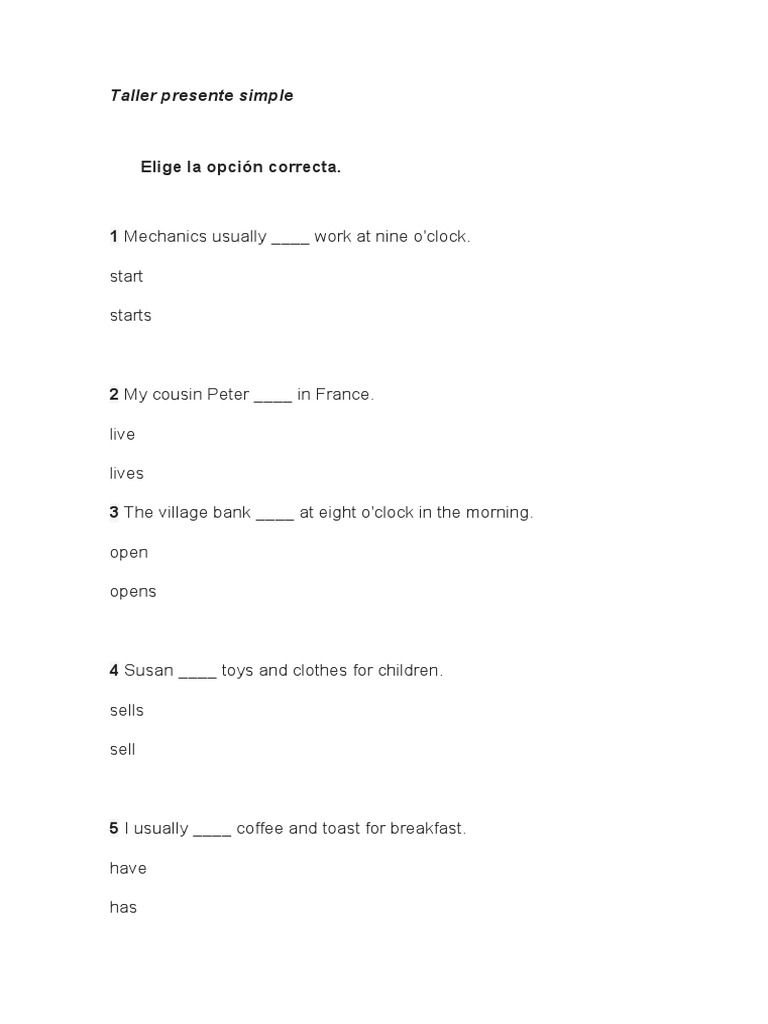 Taller Presente Simple | PDF
