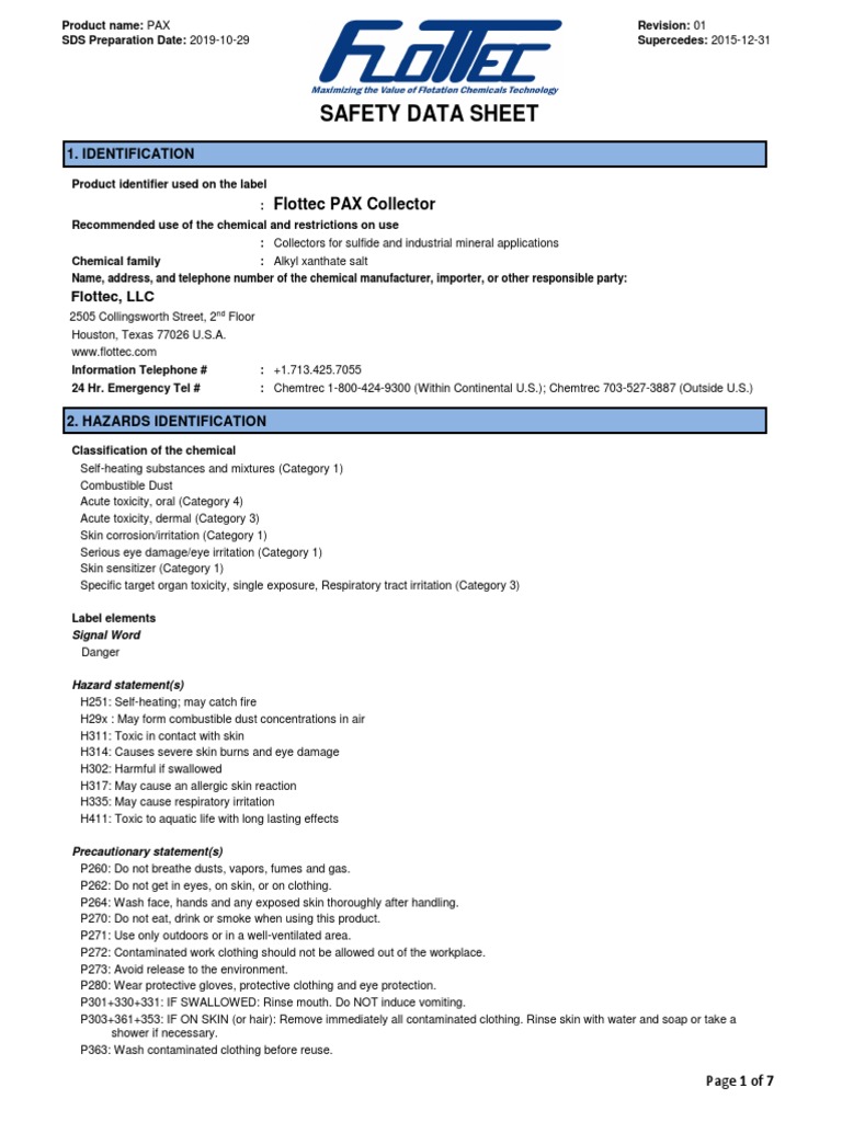 Safety Data Sheet: Flottec PAX Collector | PDF | Firefighting | Toxicity