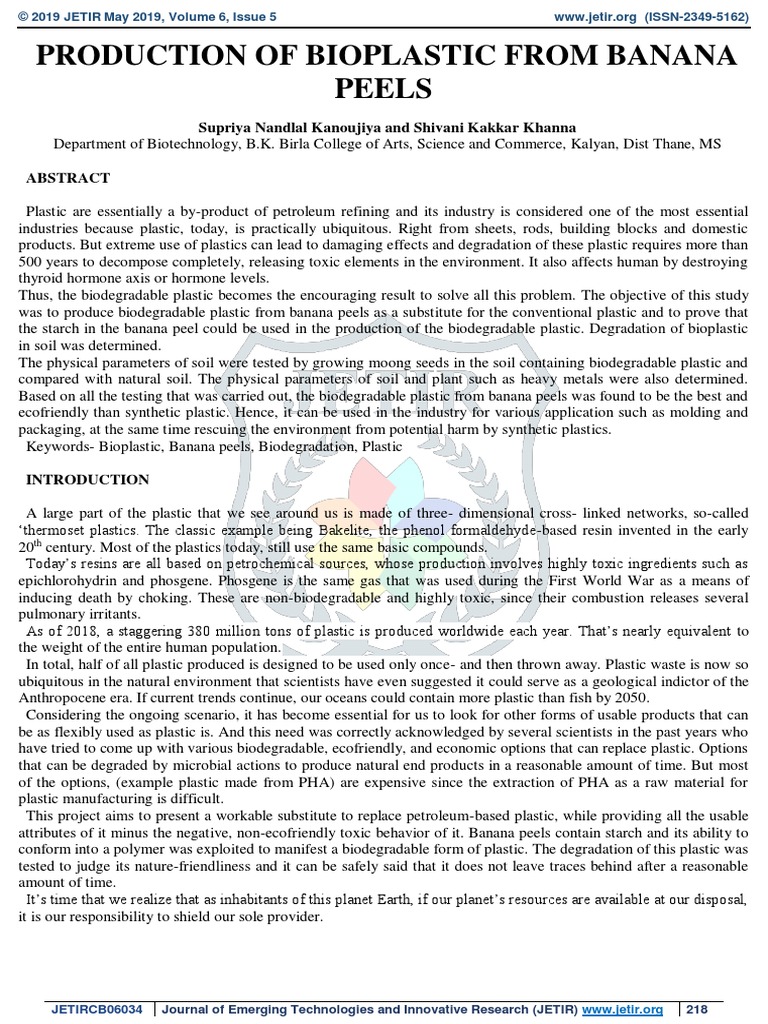 Production of Bioplastic From Banana Peels: Supriya Nandlal Kanoujiya and Shivani Kakkar Khanna ...