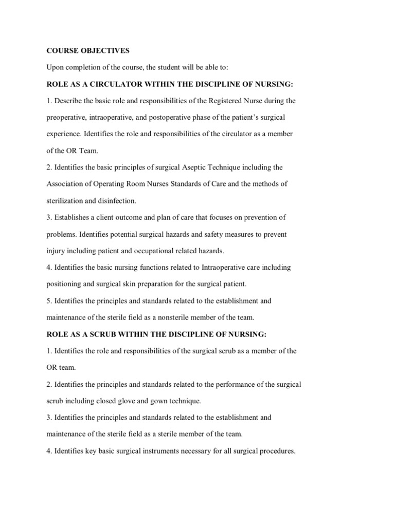 COURSE OBJECTIVES or Nursing | PDF | Perioperative | Surgery