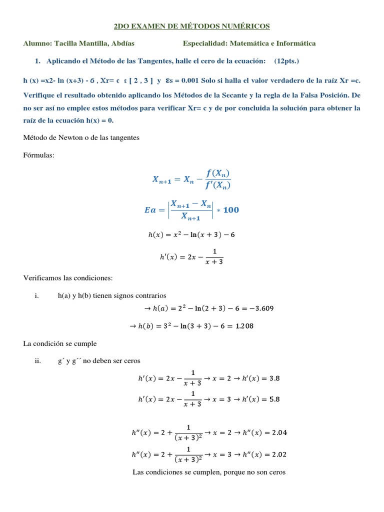 2do Examen de Métodos Numéricos | PDF | Análisis numérico | Ecuaciones
