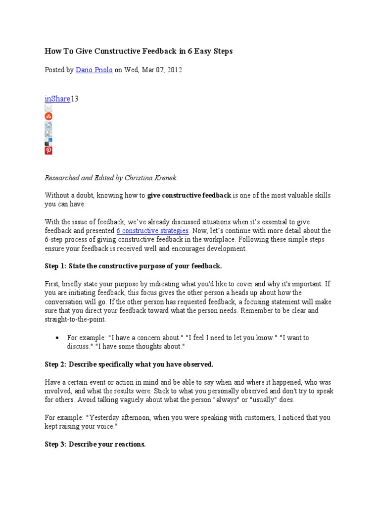 How To Give Constructive Feedback in 6 Easy Steps | PDF | Conversation ...