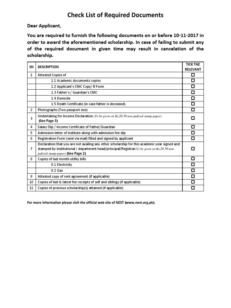 Check List of Required Documents: SN Description Tick The Relevant ...