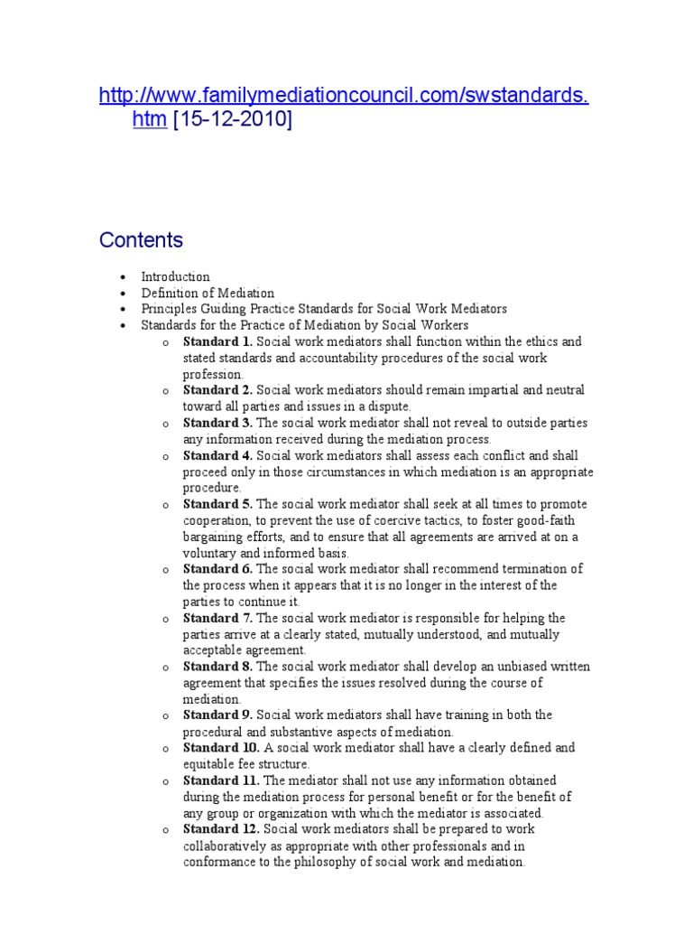Standards for Social Work Mediators | PDF | Mediation | Social Work