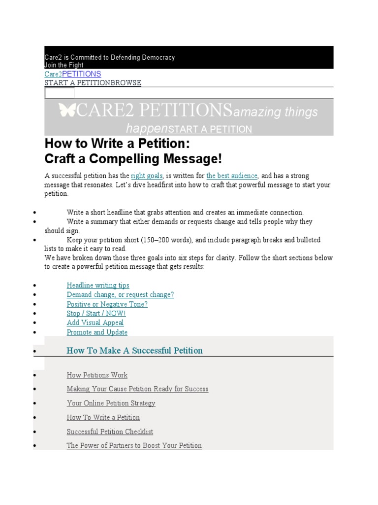 Care2 Petitions: How To Write A Petition: Craft A Compelling Message! | PDF