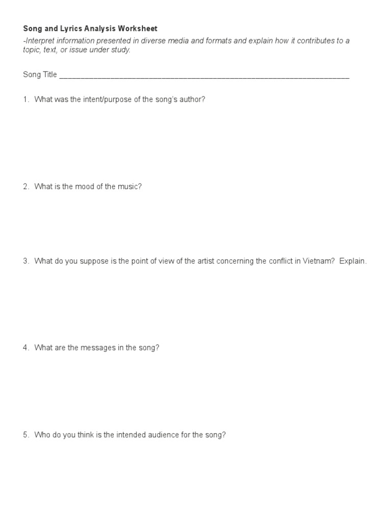 Song and Lyrics Analysis Worksheet | PDF