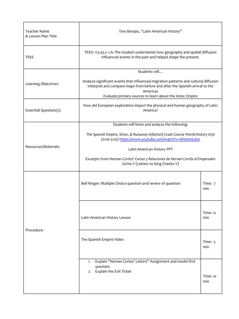 Latin American History Lesson Plan | PDF | Hernán Cortés | Behavior ...