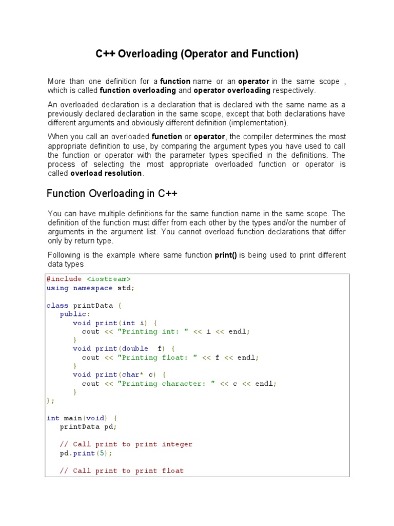 C++ Overloading (Operator and Function) | Download Free PDF | Parameter (Computer Programming) | C++