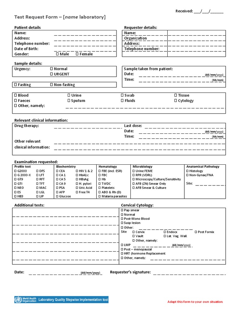 Test Request Form - (Name Laboratory) : Patient Details Requester ...