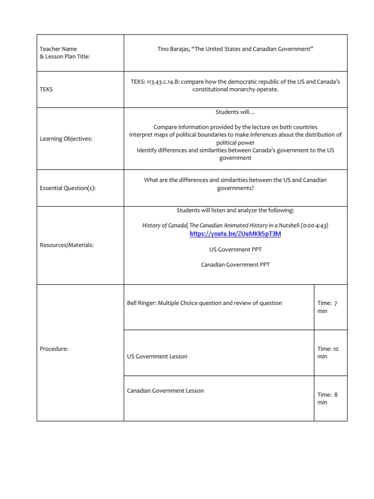 Us and Canada Government Lesson Plan | PDF | Lesson Plan | Epistemology