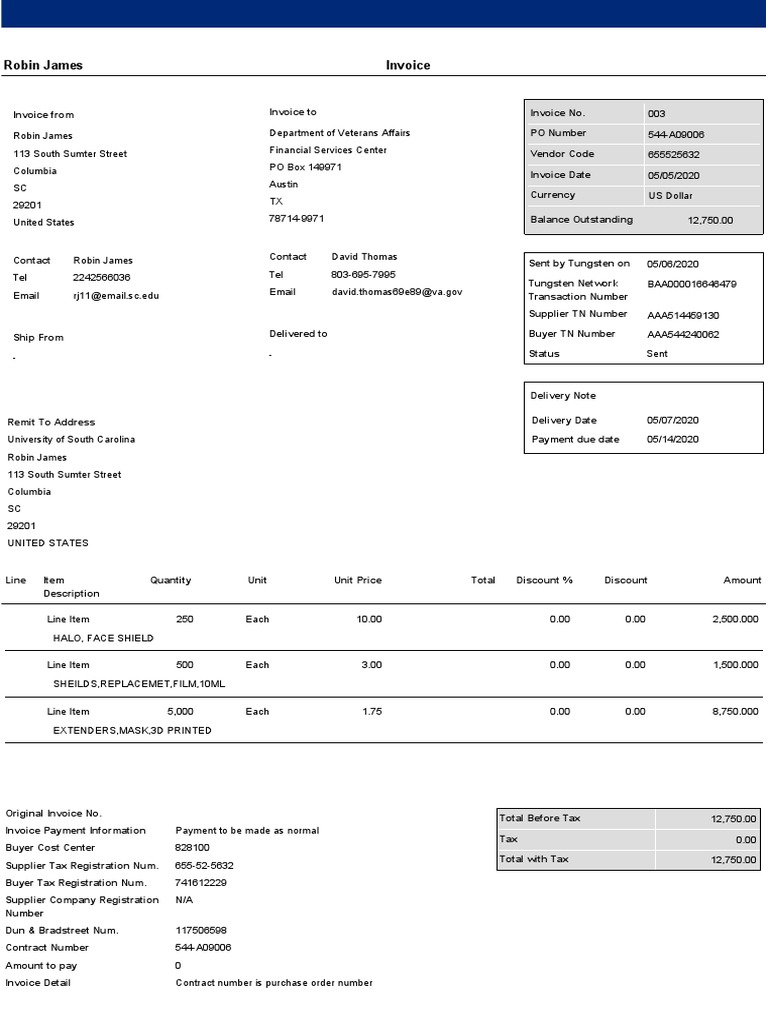 Supply Invoice from Robin James to the Department of Veterans Affairs ...