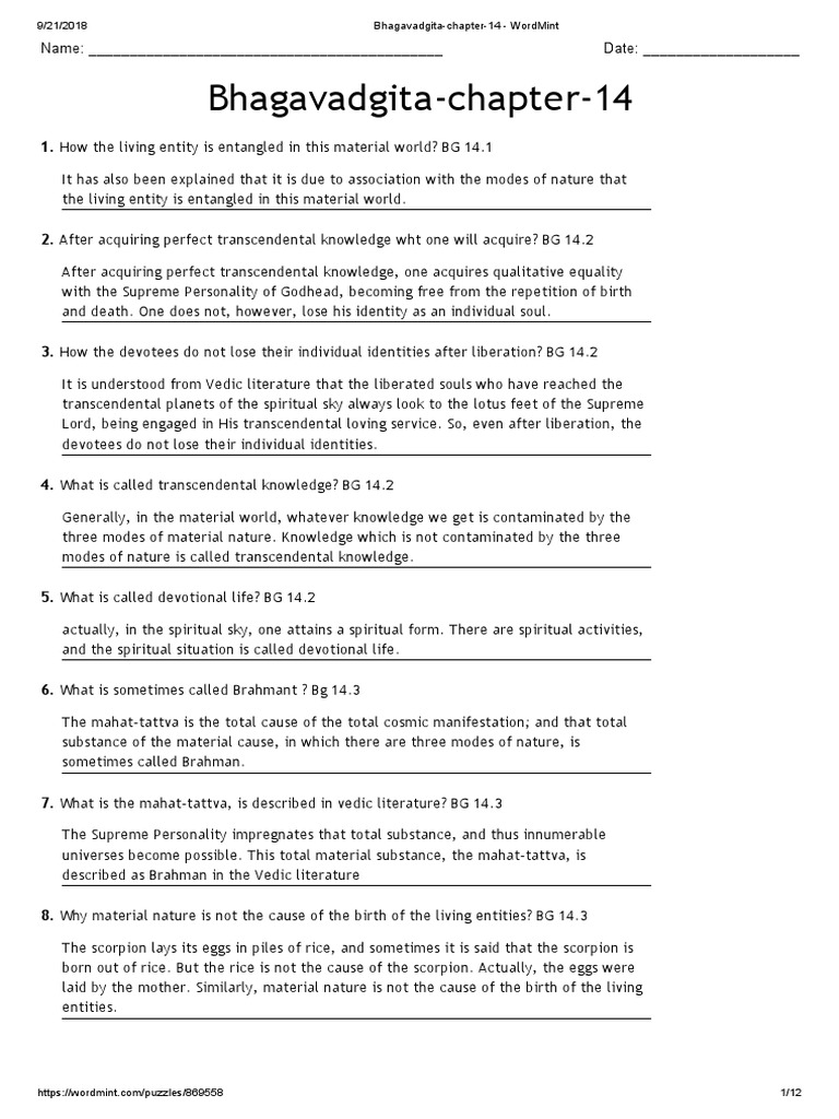 Bhagavad Gita Question and Answer Chapter-14 PDF | PDF | Brahman ...