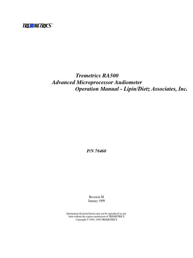 Tremetrics RA500 Advanced Microprocessor Audiometer Operation Manual ...