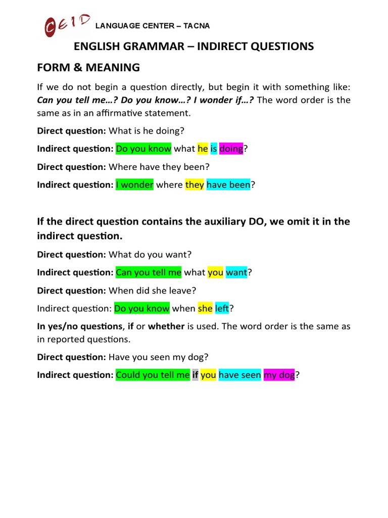 English Grammar - Indirect Questions Form & Meaning | PDF