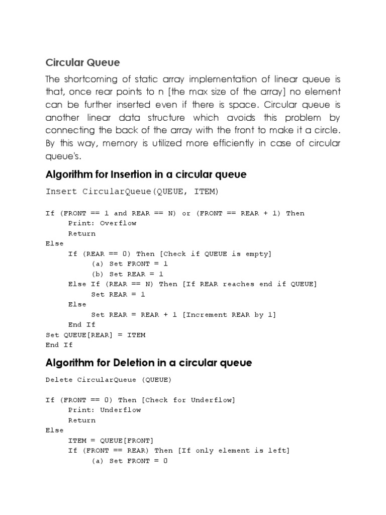 Algorithm For Insertion in A Circular Queue | PDF | Queue (Abstract ...