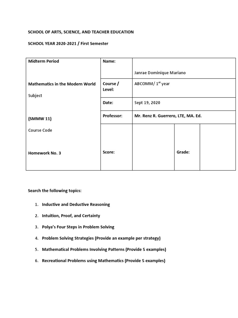 MMW Prelim Homework 3 | PDF | Deductive Reasoning | Argument