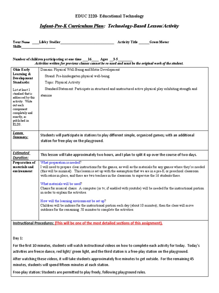 Infant-Pre-K Curriculum Plan: Technology-Based Lesson/Activity ...