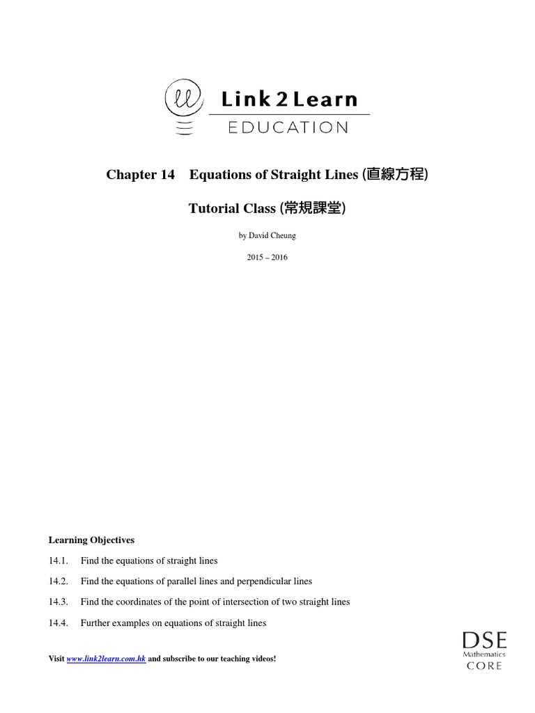 Chapter 14 Equations of Straight Lines (直線方程) Tutorial Class (常規課堂 ...