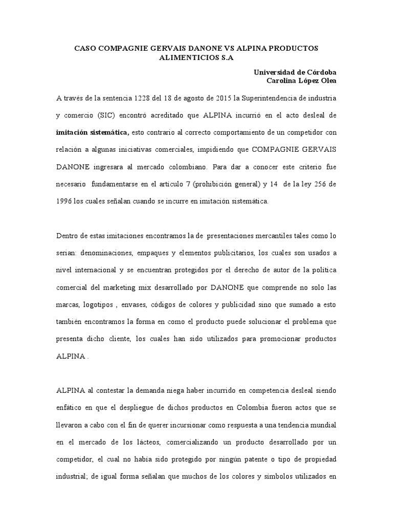Caso Compagnie Gervais Danone VS Alpina Productos Alimenticios S | PDF | Publicidad | Alimentos