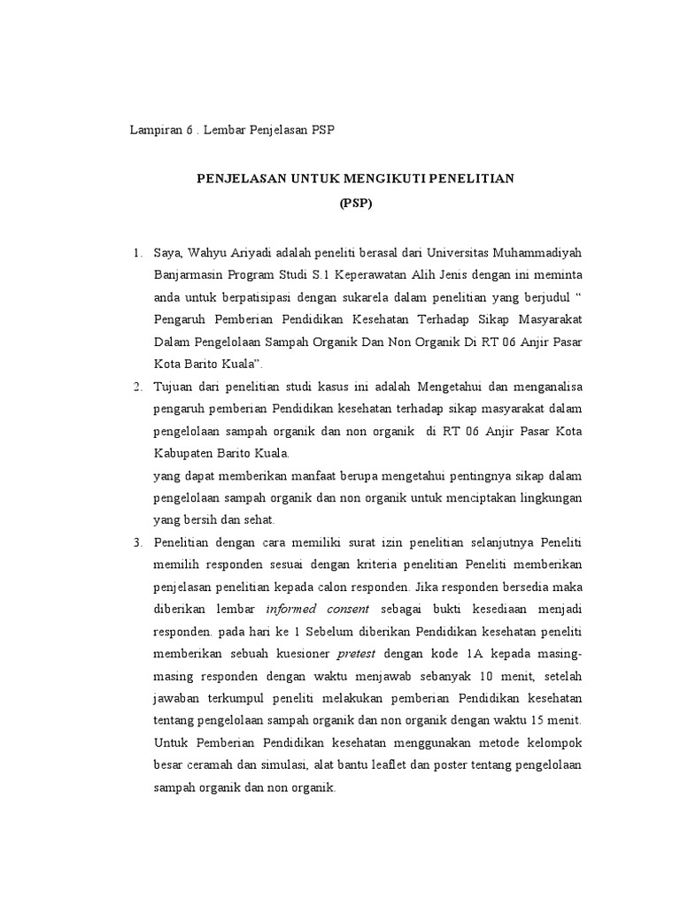 Penjelasan Untuk Mengikuti Penelitian (PSP) | PDF