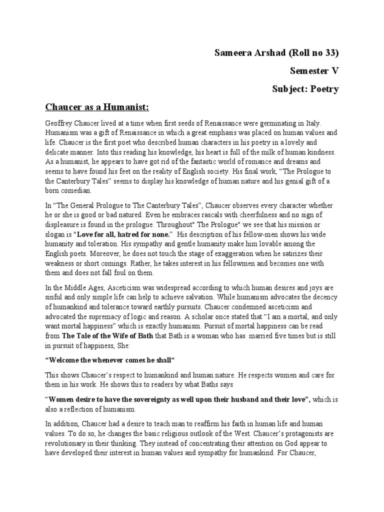 Chaucer's Humanism in Poetry | PDF | Humanism | The Canterbury Tales