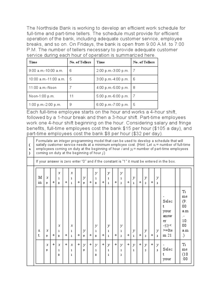 The Northside Bank Is Working To Develop An Efficient Work Schedule For Full | PDF | Theoretical ...