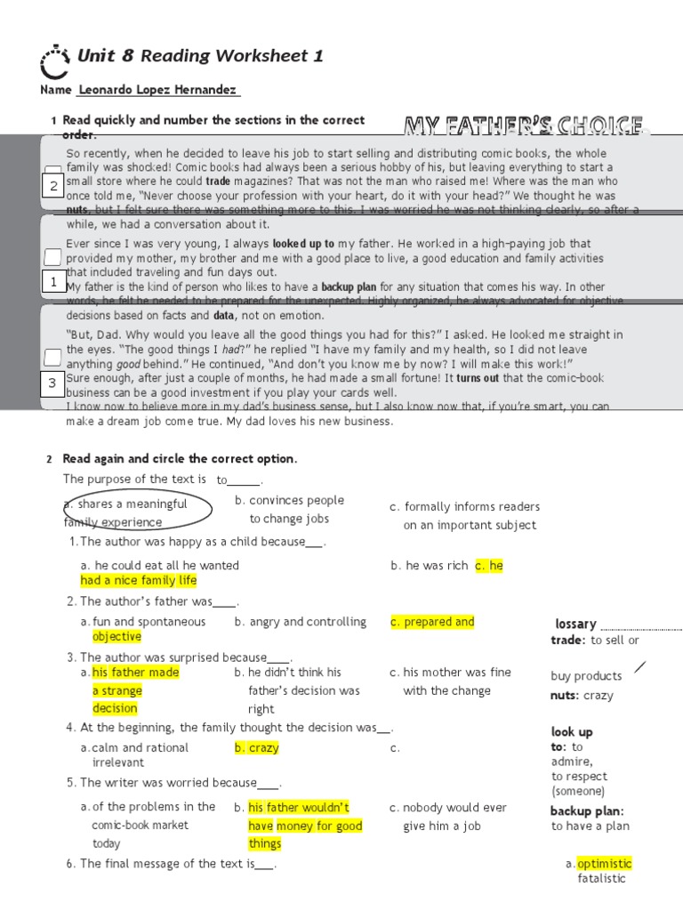 My Father'S Choice: Reading Worksheet | PDF