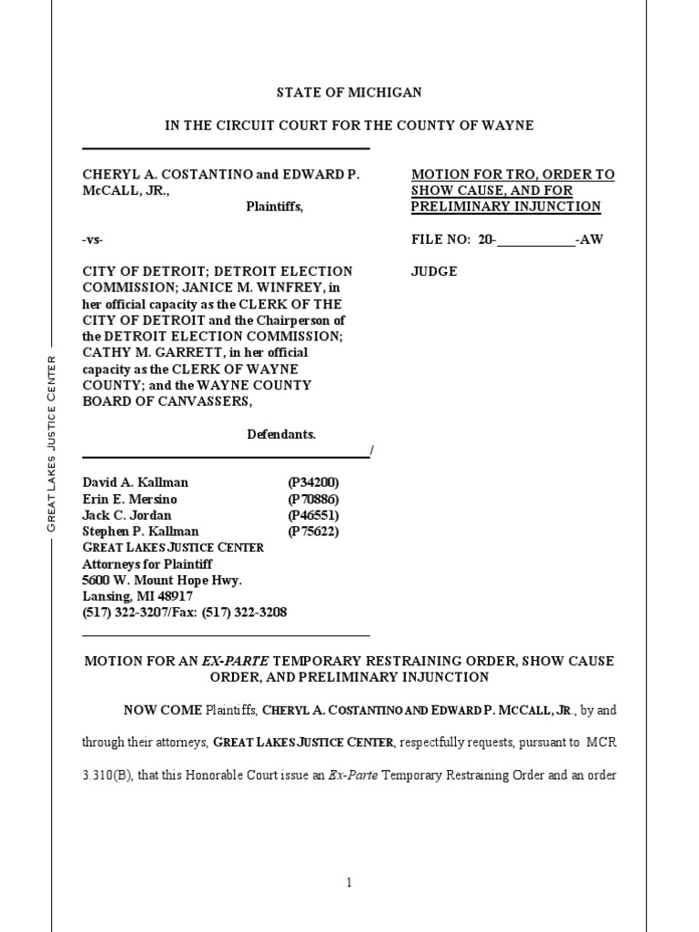 Motion For TRO Brief Order Costantino | PDF | Injunction | Elections