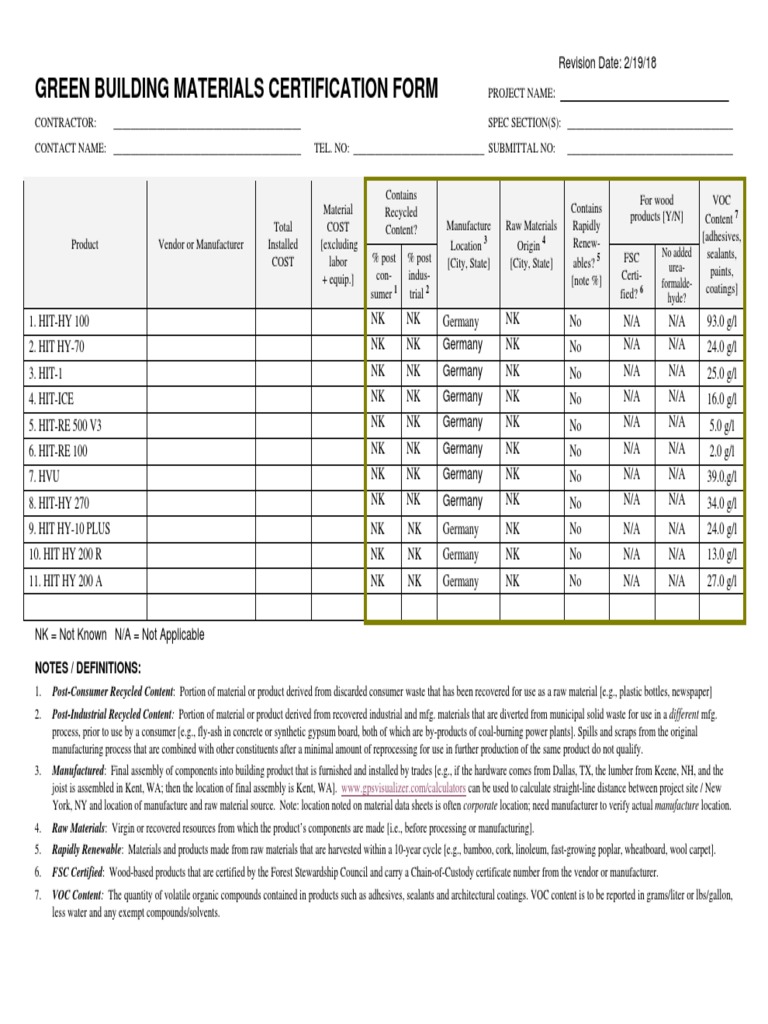 Green Building Materials Certification Form: Notes / Definitions | PDF ...
