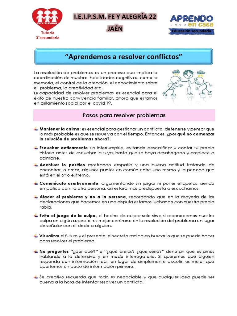 Aprendemos A Resolver Conflictos Tutoría 3° | PDF | Educación avanzada ...