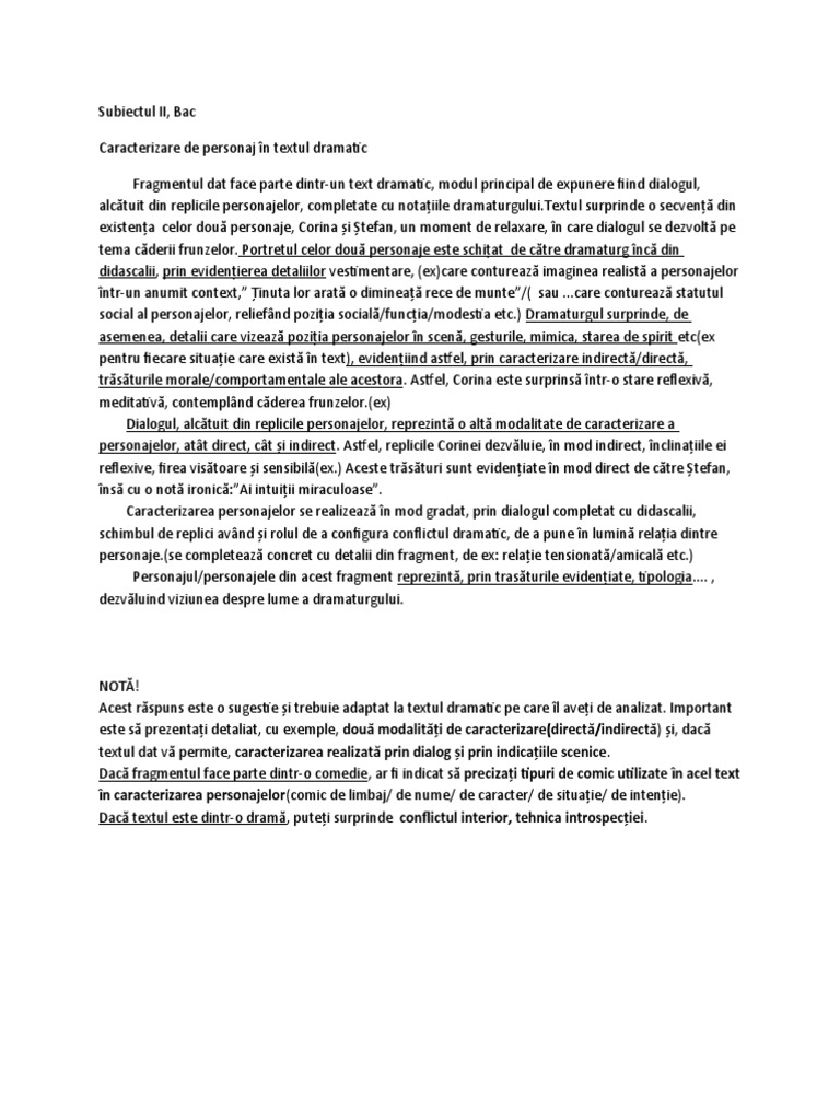Caracterizare de Person, Gen Dramatic Test 7 2020 | PDF