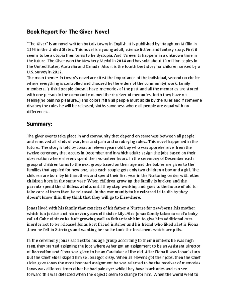 Book Report For The Giver Novel | PDF | The Giver