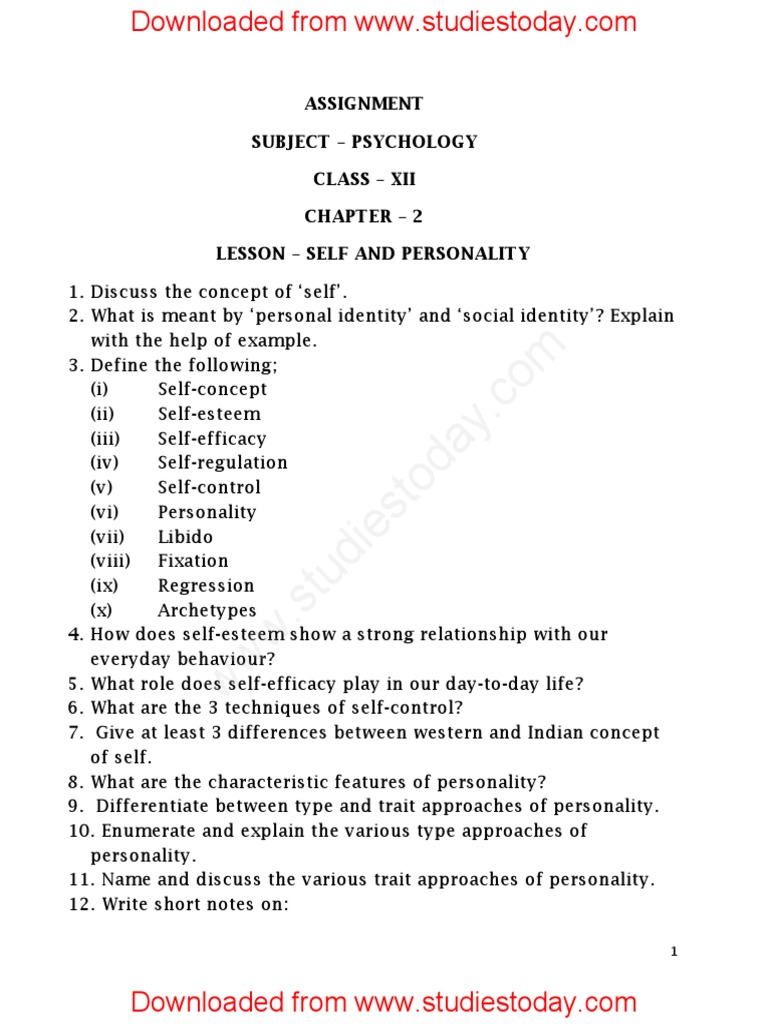 Class 12 Psychology: Self and Personality | PDF | Self | Identity ...
