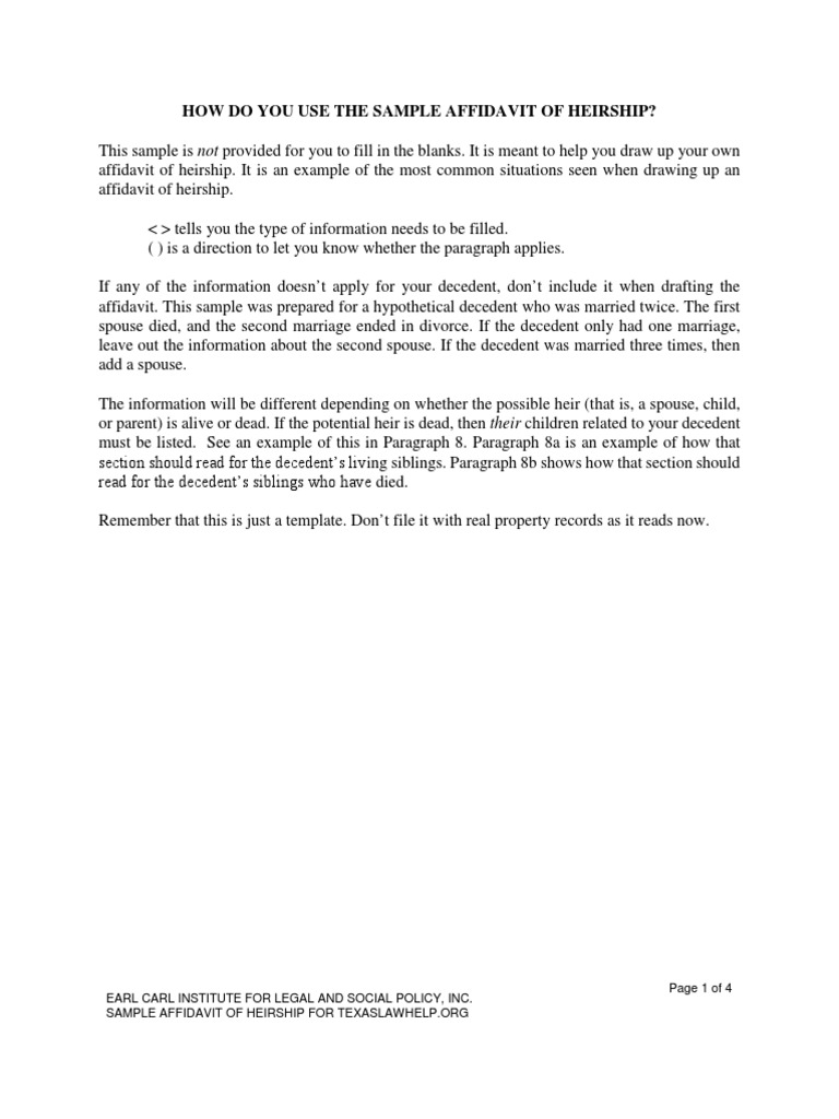 Sample Affidavit of Heirship - Texaslawhelp 0 PDF | PDF | Affidavit ...