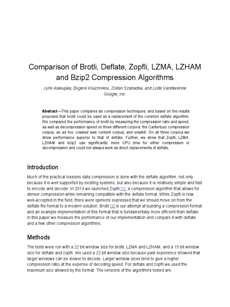 Comparison of Brotli, Deflate, Zopfli, LZMA, LZHAM and Bzip2 Compression Algorithms | PDF | Data ...