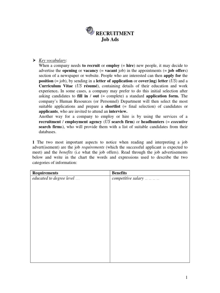 Job Ads (5 Ads + Exercises) | PDF | Recruitment | Résumé