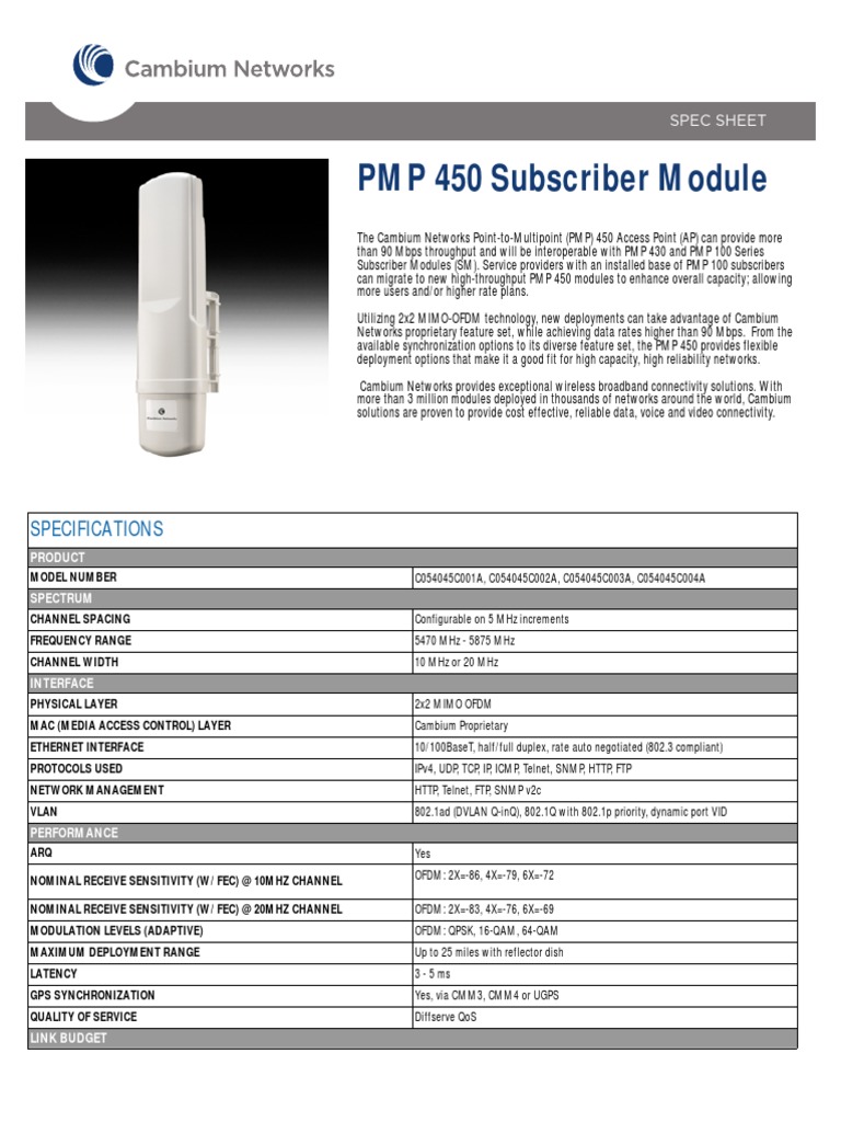 Cambium Networks PMP 450 Subscriber Module Specification PDF | PDF ...