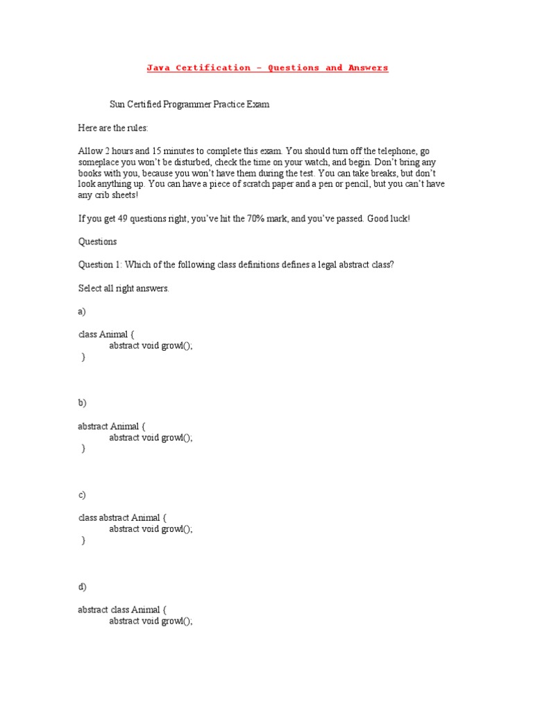 Java Certification Questions And Answers Pdf C Programming Language Method Computer