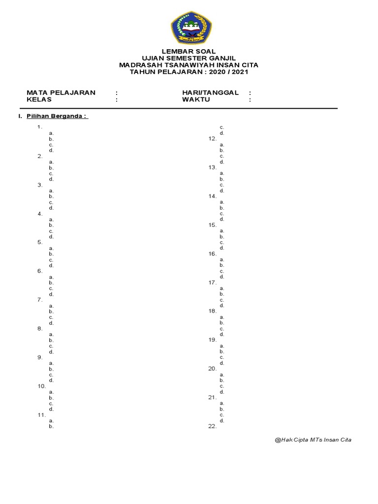 Lembar Soal Mts Ic 2020-2021 | PDF