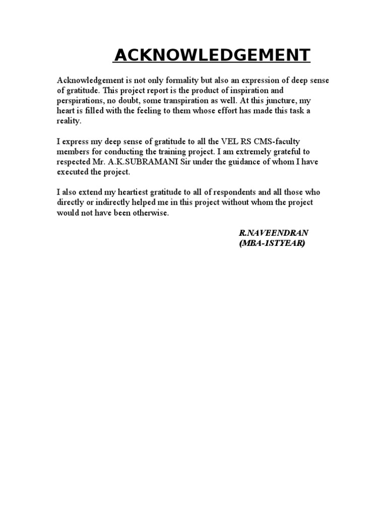 Acknowledgement: R.Naveendran (Mba-1Styear) | PDF | Behavior | Motivation