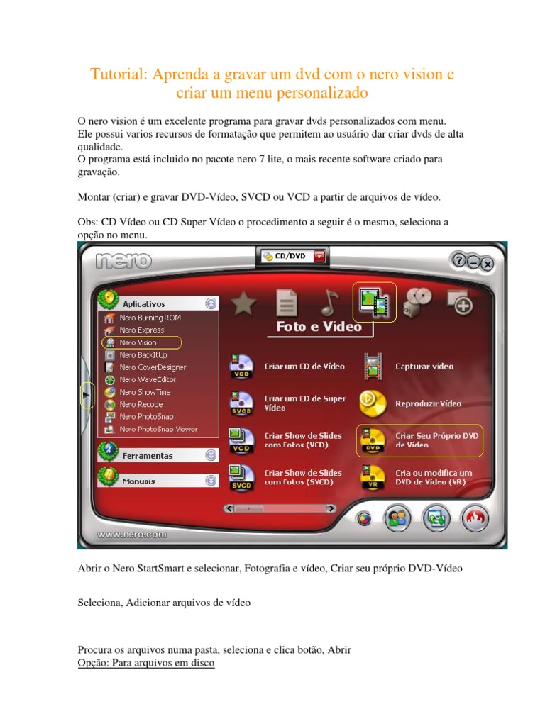Criando menus personalizados com Nero Vision | PDF | DVD | Vídeo